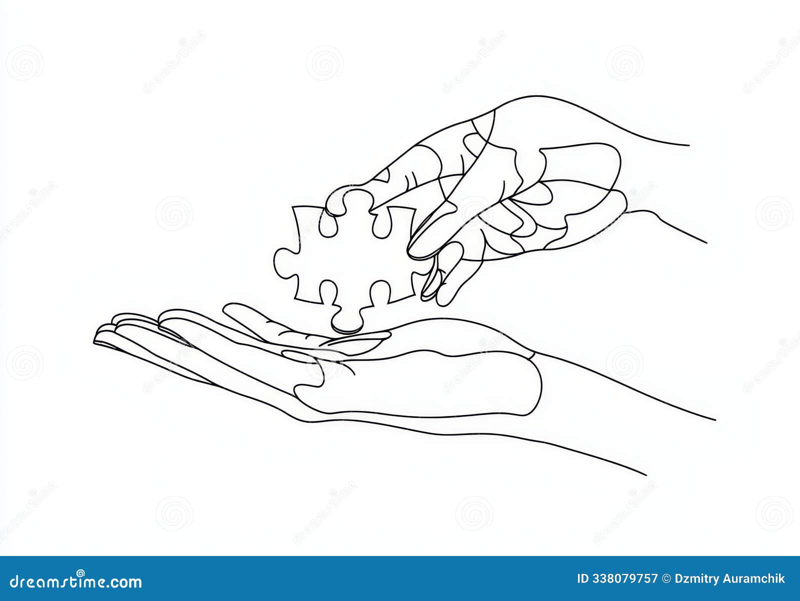 Continuous One-line Drawing of Hands Solving a Jigsaw Puzzle on White ...