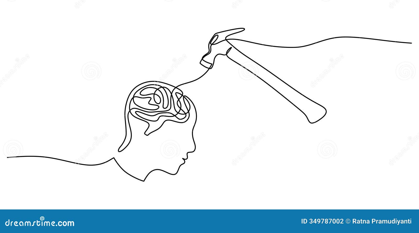 Continuous One Line Drawing of a Head with a Brain and Hammer ...