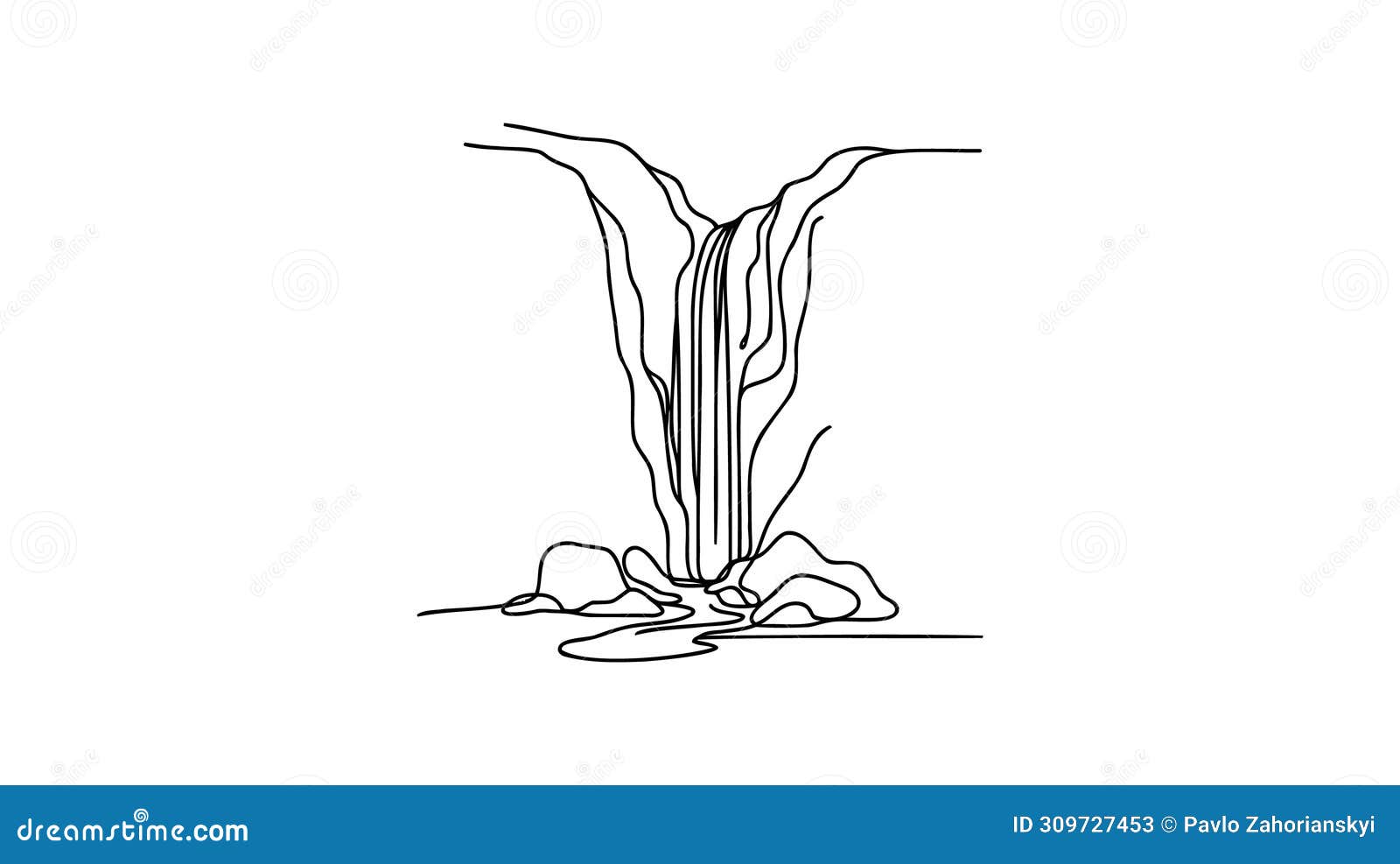 Continuous One Line Drawing. Landscape with Mountains, Waterfall and ...