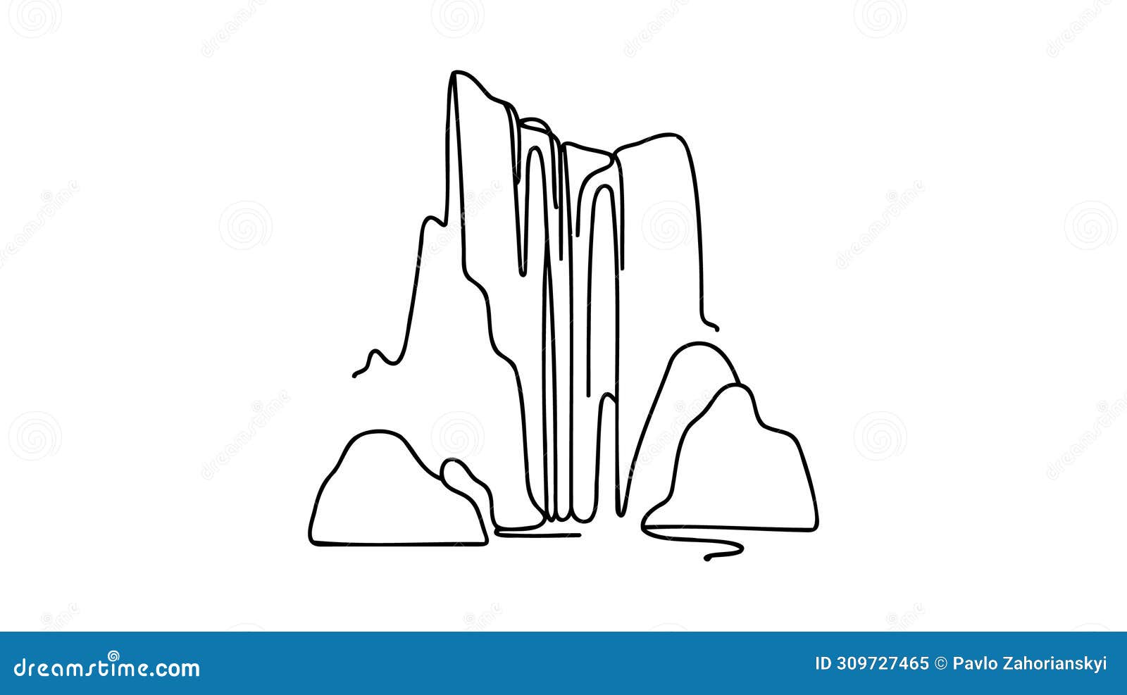 Continuous One Line Drawing. Landscape with Mountains, Waterfall and ...