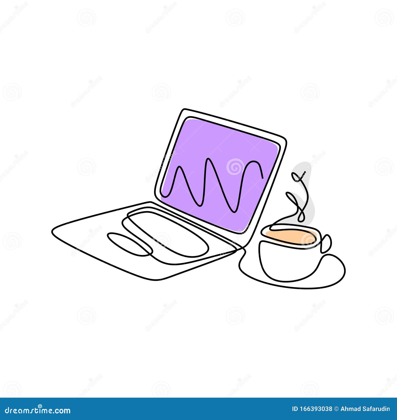Continuous One Line Drawing Of Laptop Computer With Coffee. Symbol Of ...