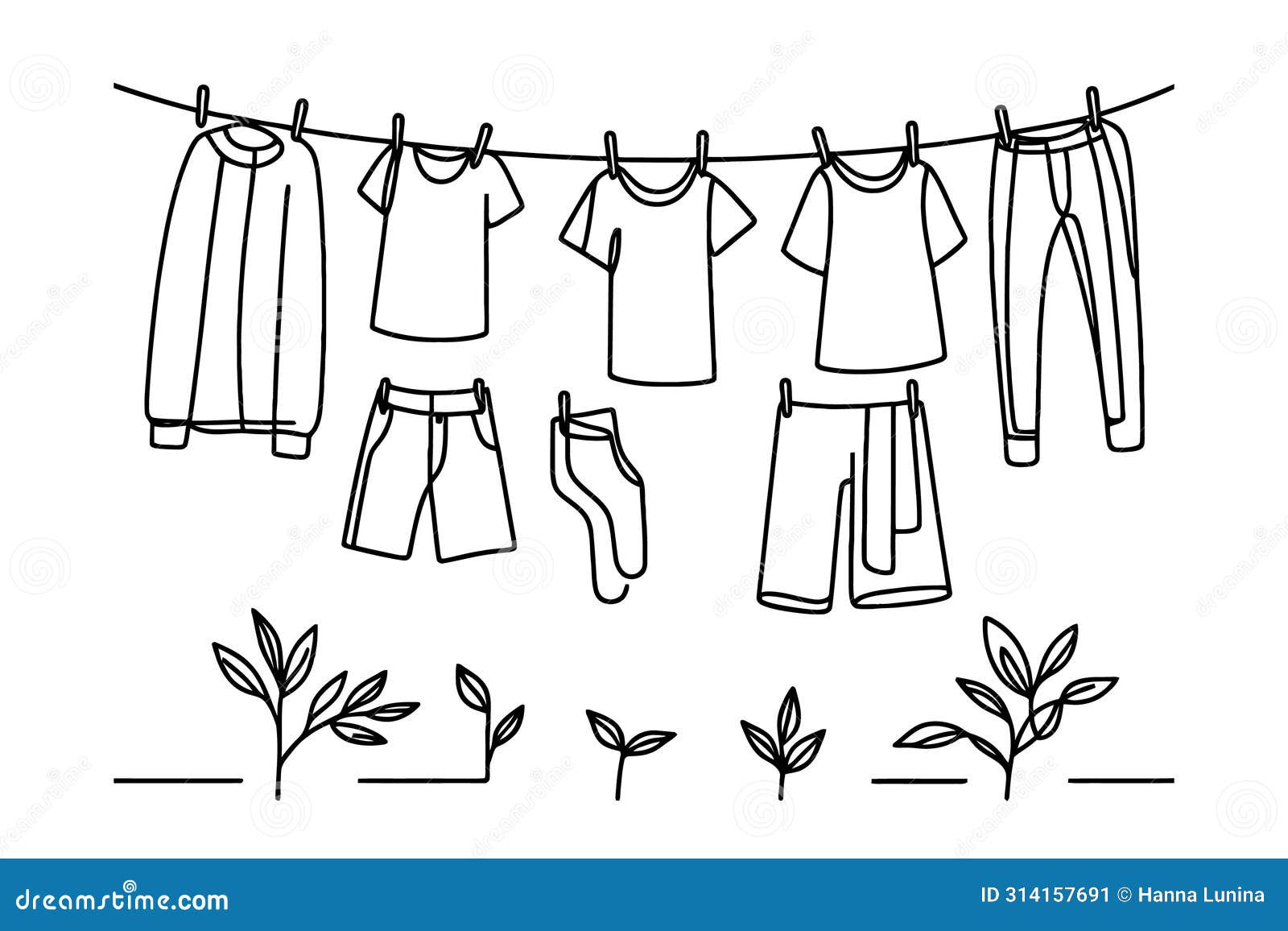 Continuous One-line Drawing of Linen, Clothes Hanging on a Rope. Vector ...