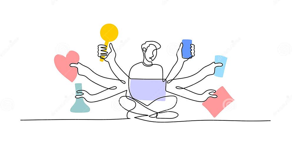 Continuous One Line Drawing of a Man with a Laptop Holding Many Task ...