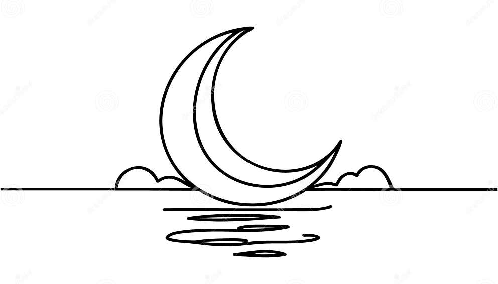 Continuous One Line Drawing. Moon, Sea, Vector Illustration Stock ...