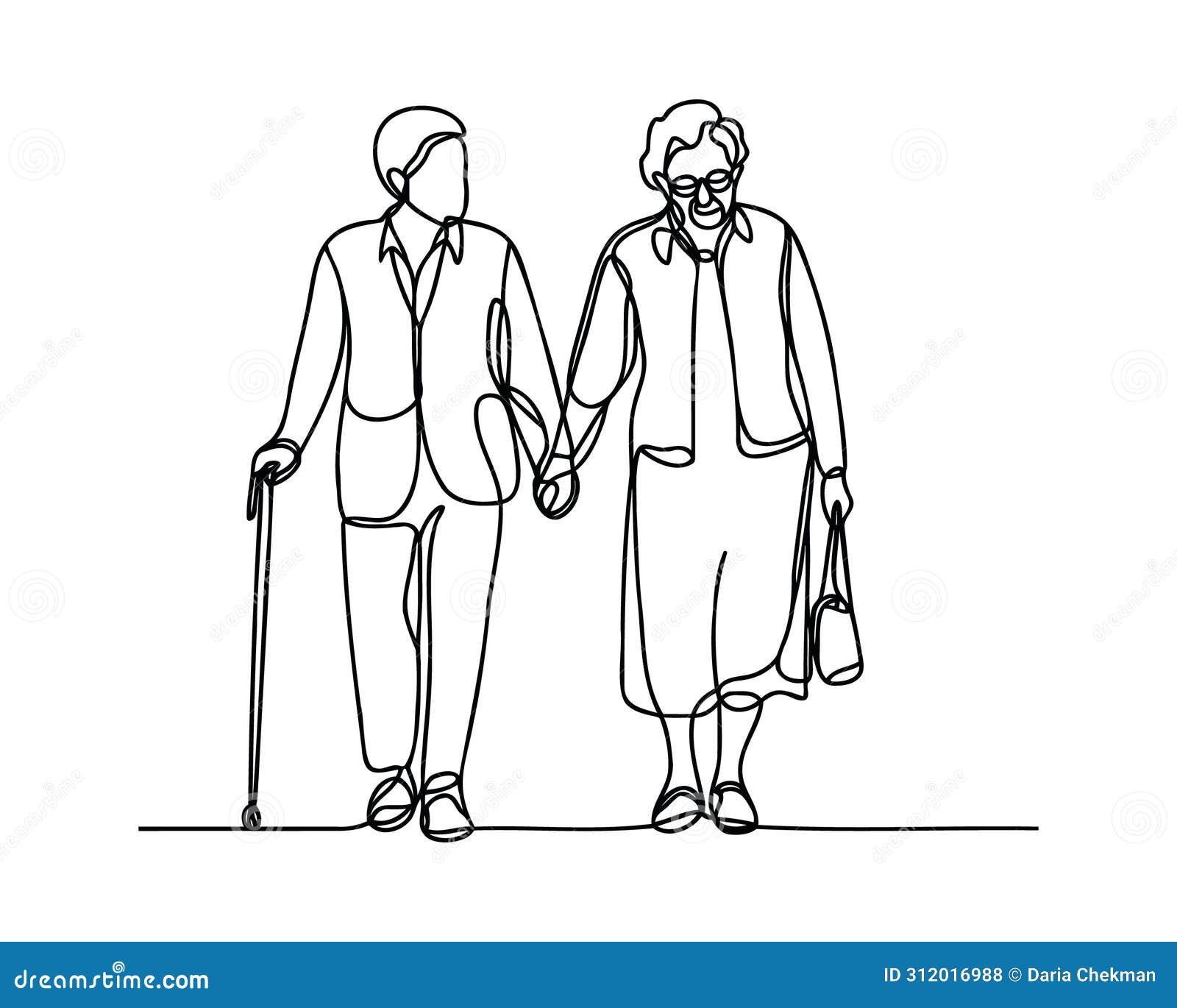 Continuous One Line Drawing Old Man and Old Woman Walking Stock ...