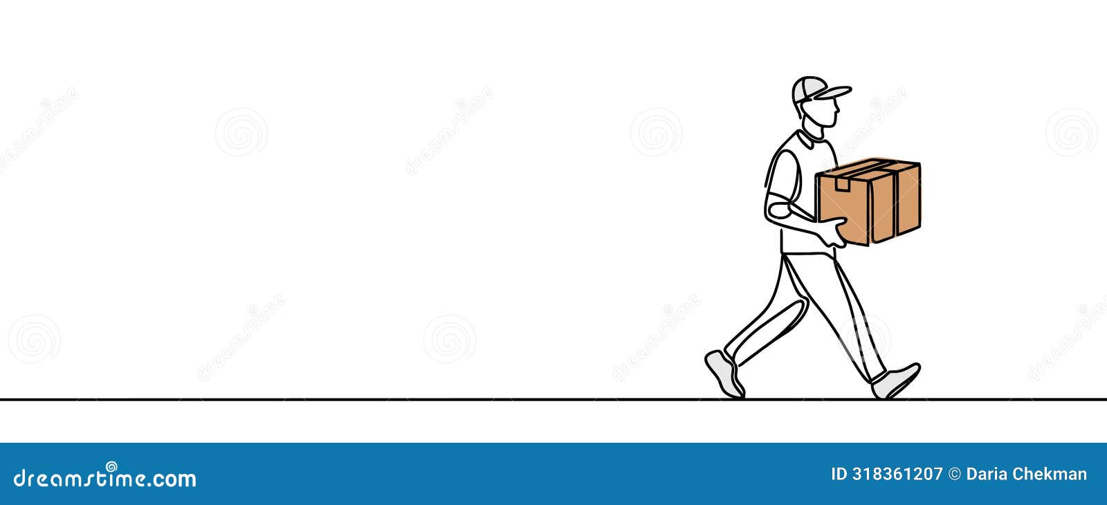 Continuous One Line Drawing of Parcel Delivery. Young Guy with a ...
