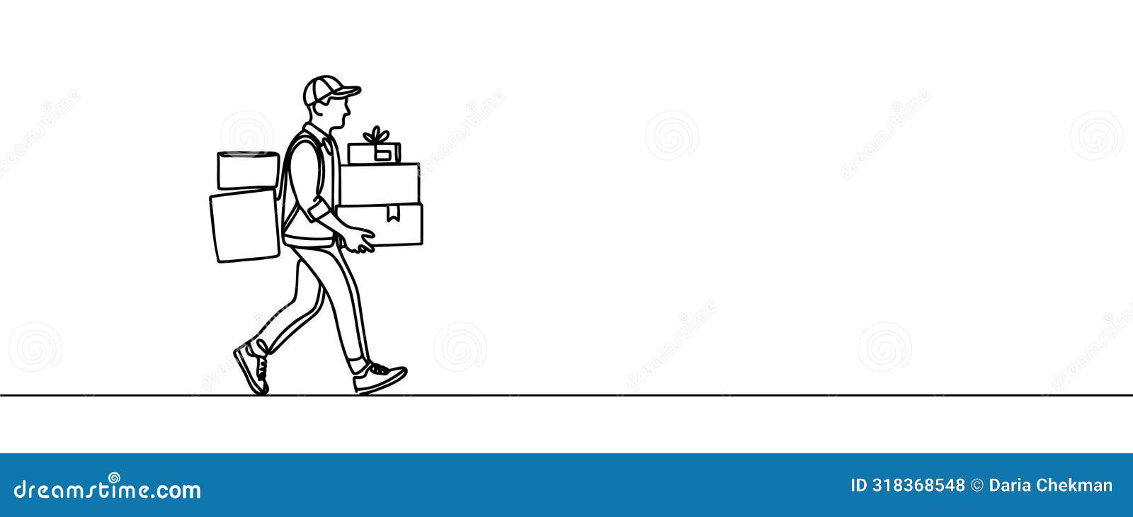 Continuous One Line Drawing of Parcel Delivery. Young Guy with a ...