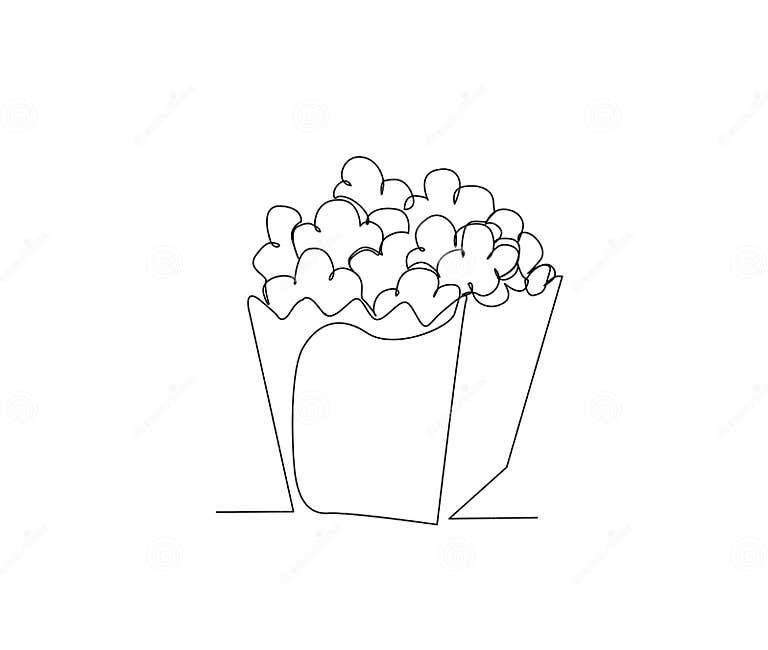 Continuous One Line Drawing of Popcorn. Popcorn Box Line Art Drawing ...
