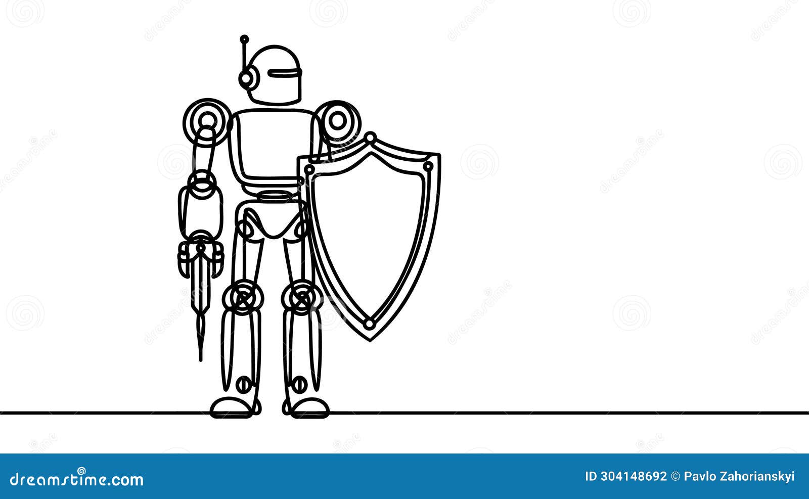 Continuous One Line Drawing Robot with Shield. Retro Robot. Metal ...