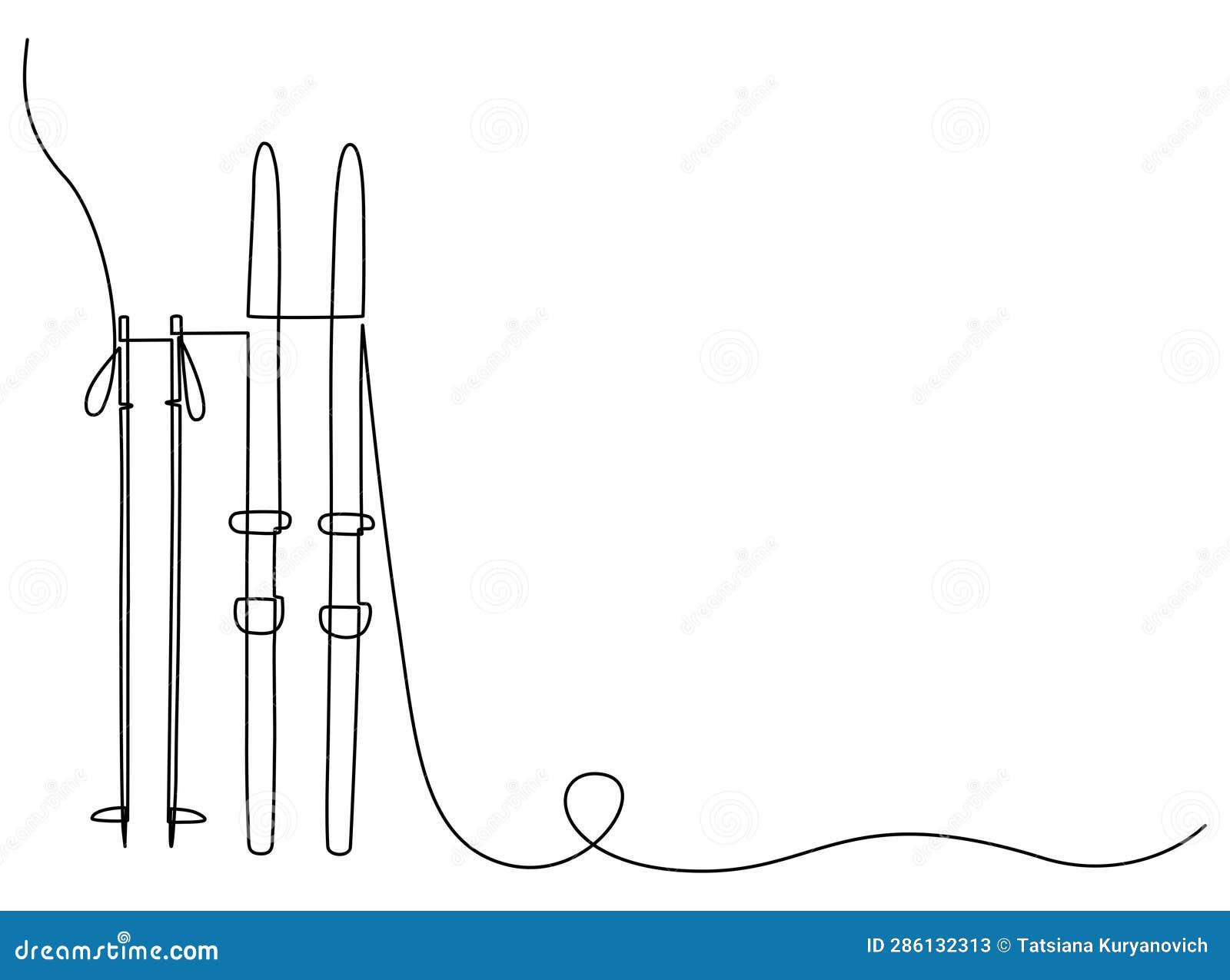 Continuous One Line Drawing of Skis and Ski Poles. Vector Illustration ...