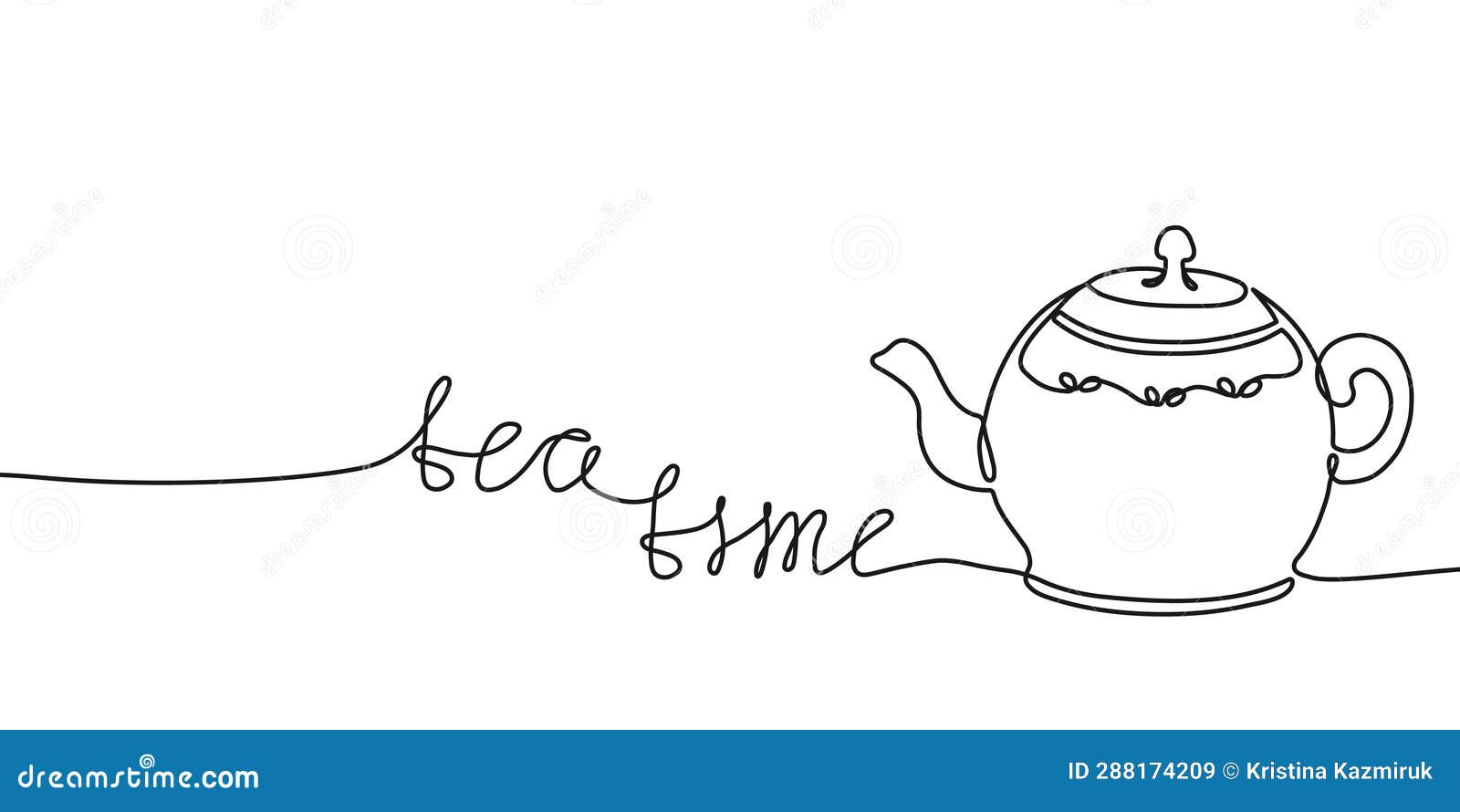 Continuous One Line Drawing of Teapot and Tea Time Lettering. Stock ...