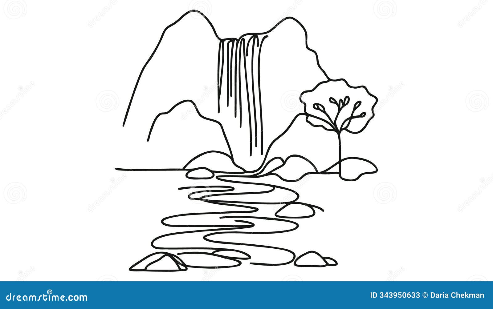 Continuous One Line Drawing of Waterfall and Lake. Vector Illustration ...
