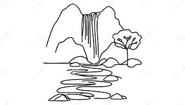 Continuous One Line Drawing of Waterfall and Lake. Vector Illustration ...