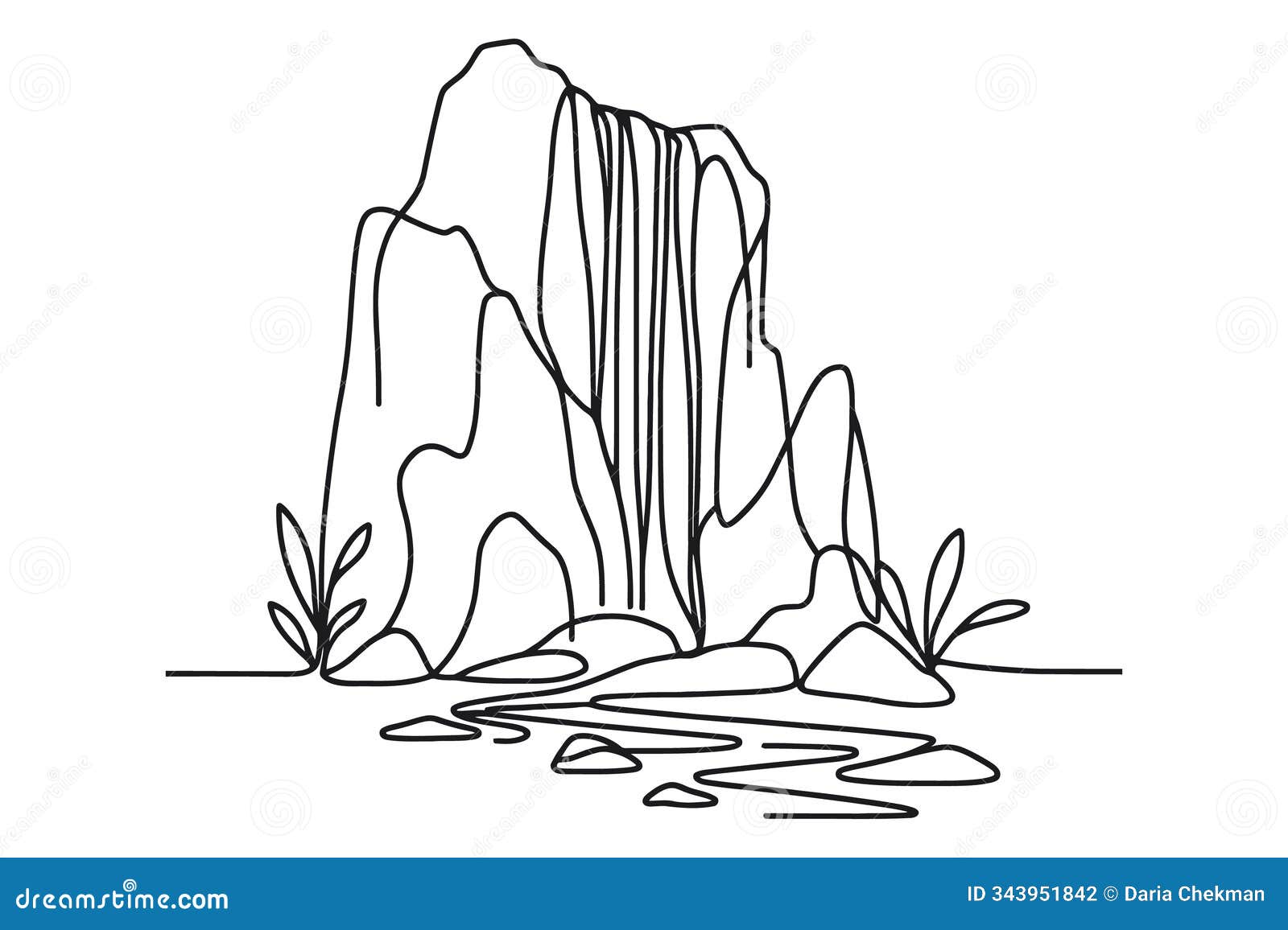 Continuous One Line Drawing of Waterfall and Lake. Vector Illustration ...