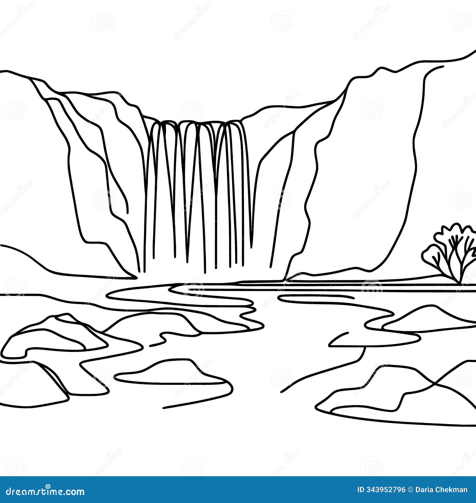 Continuous One Line Drawing of Waterfall and Lake. Vector Illustration ...