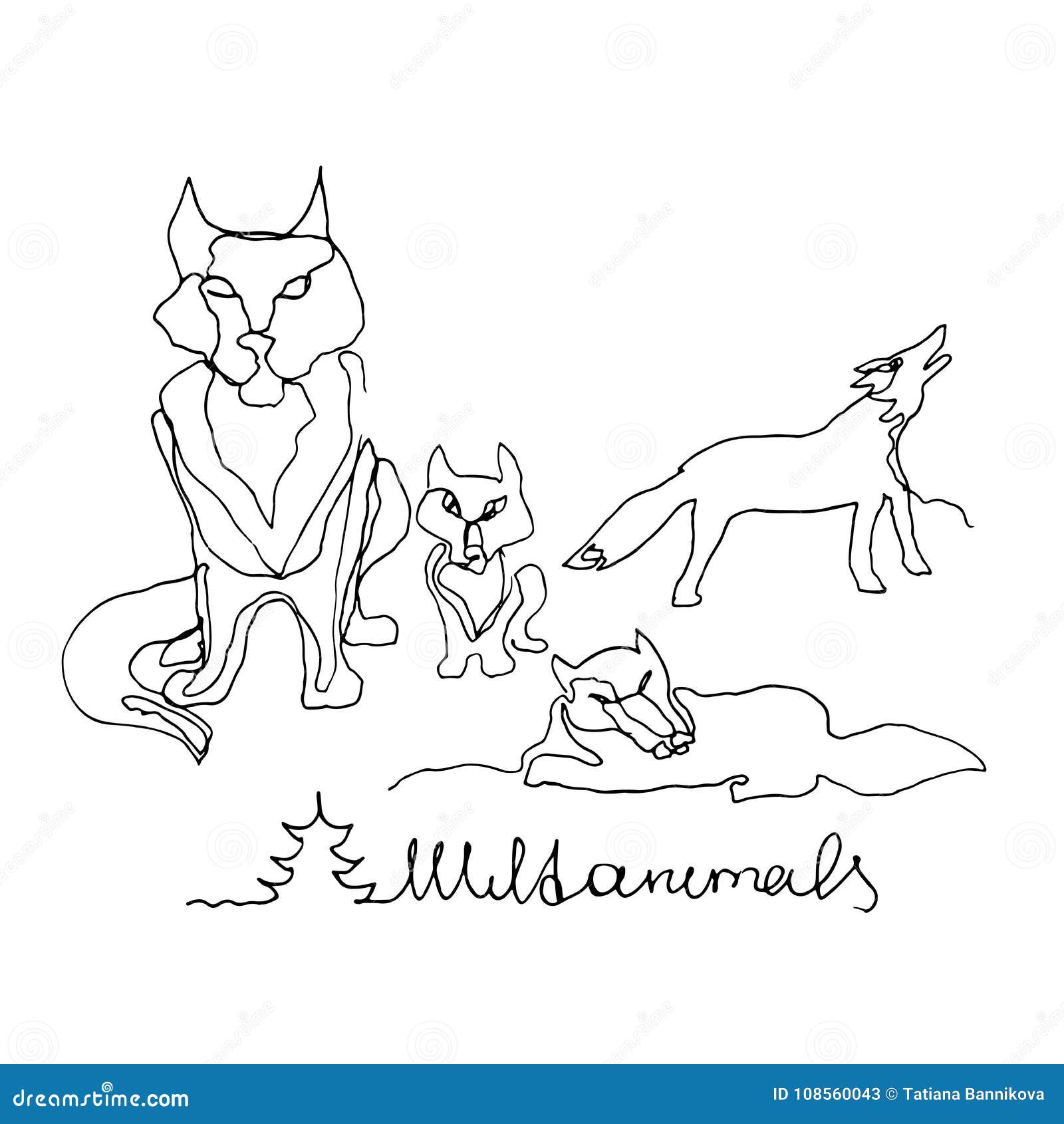 Continuous One Line Drawing. Wolves And Foxes. Minimalism Style ...