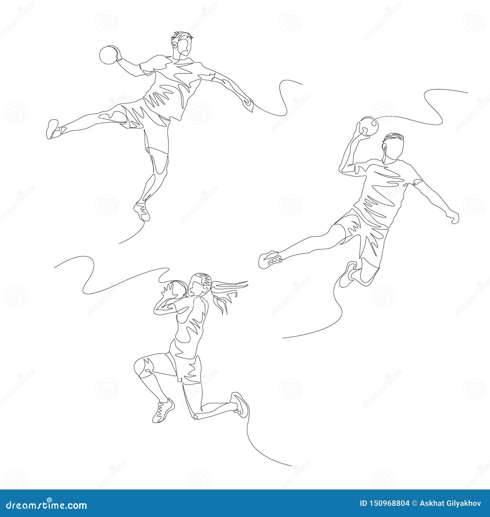 Continuous One Line Handball Player Set. Summer Olympic Games. Vector ...