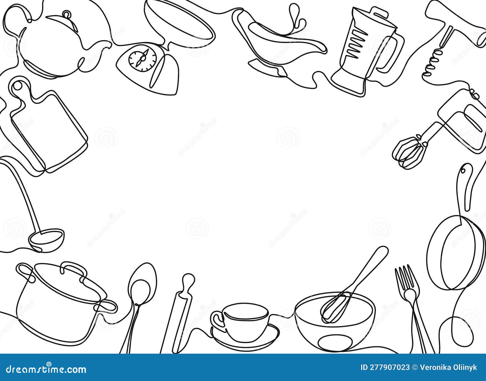 Continuous One Line Kitchen Frame. Cooking Utensils Banner Template ...