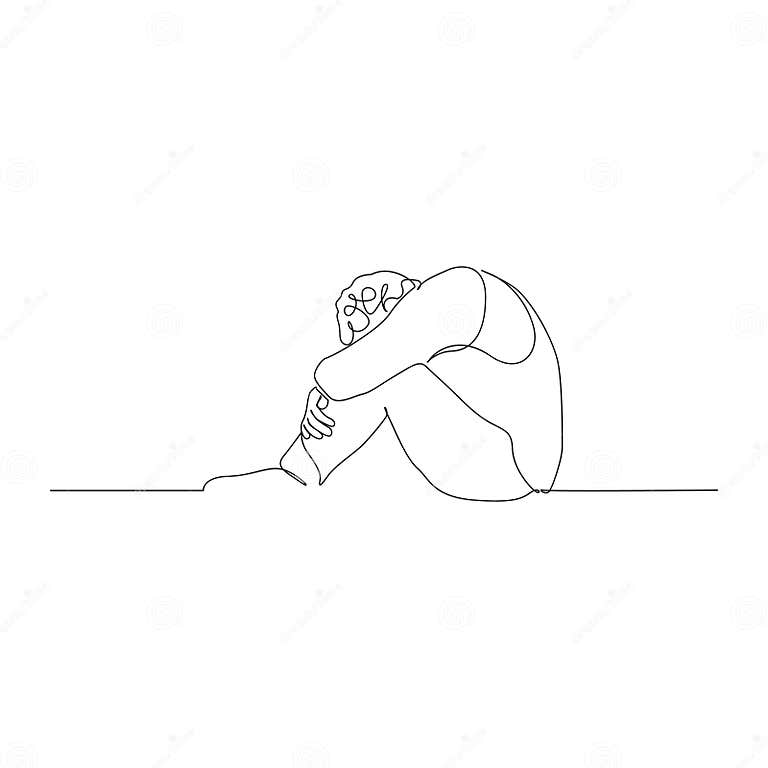 Continuous One Line Man Sitting On The Floor With Her Head Bowed And