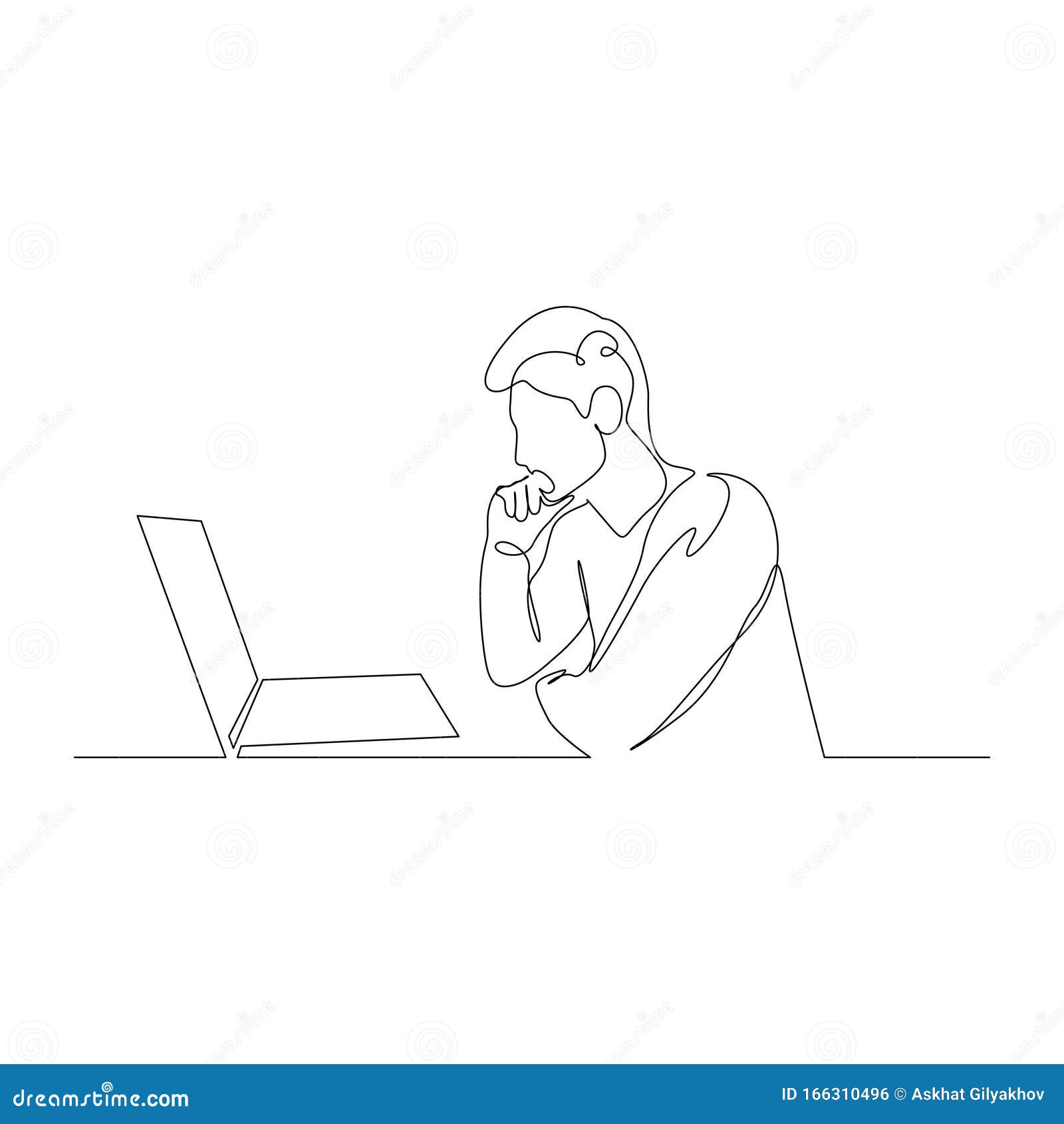 Continuous One Line Man Sitting Thoughtfully in Front of a Laptop ...