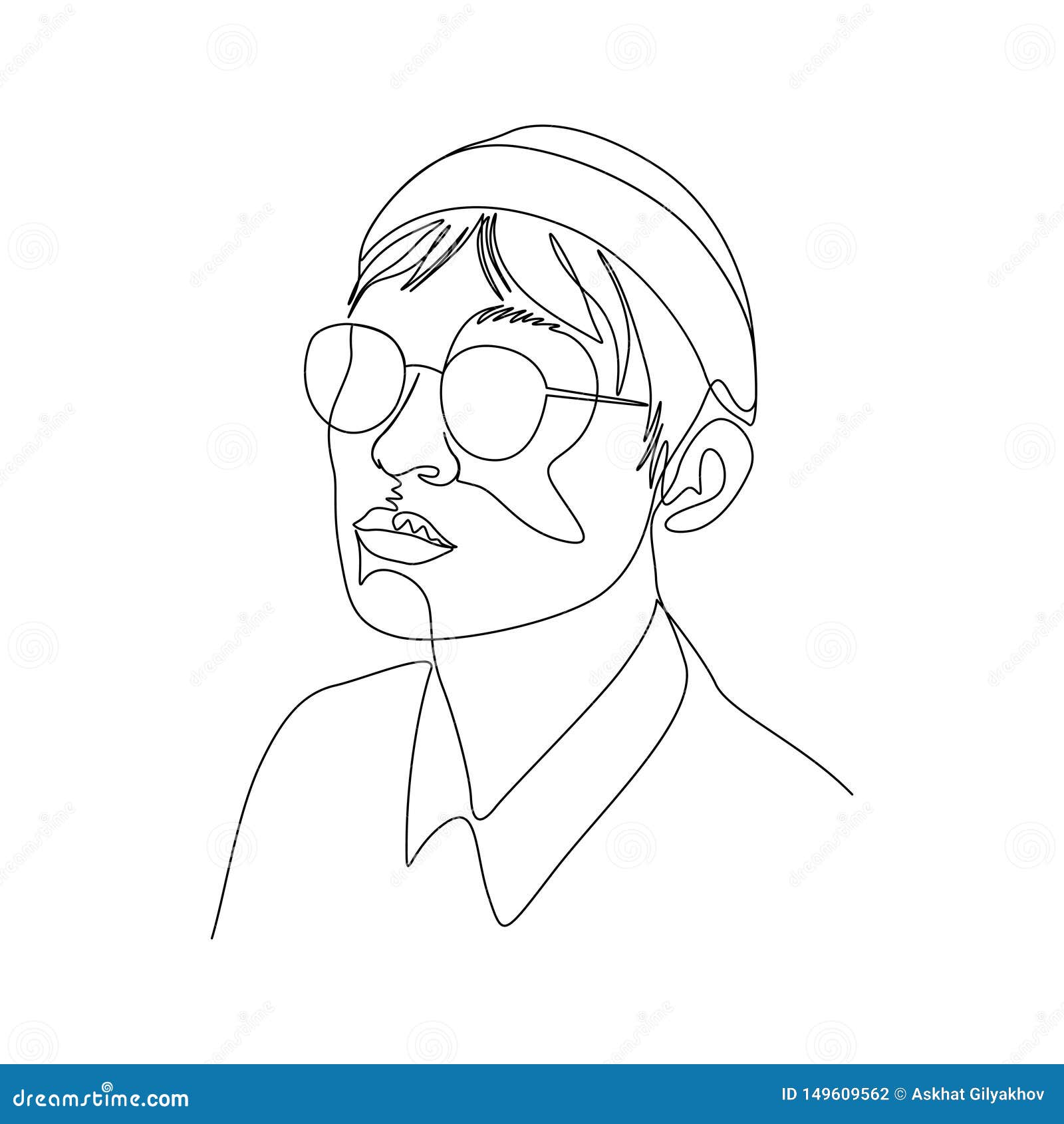 Continuous One Line Portrait of Man in Glasses and Cap. Art Stock ...