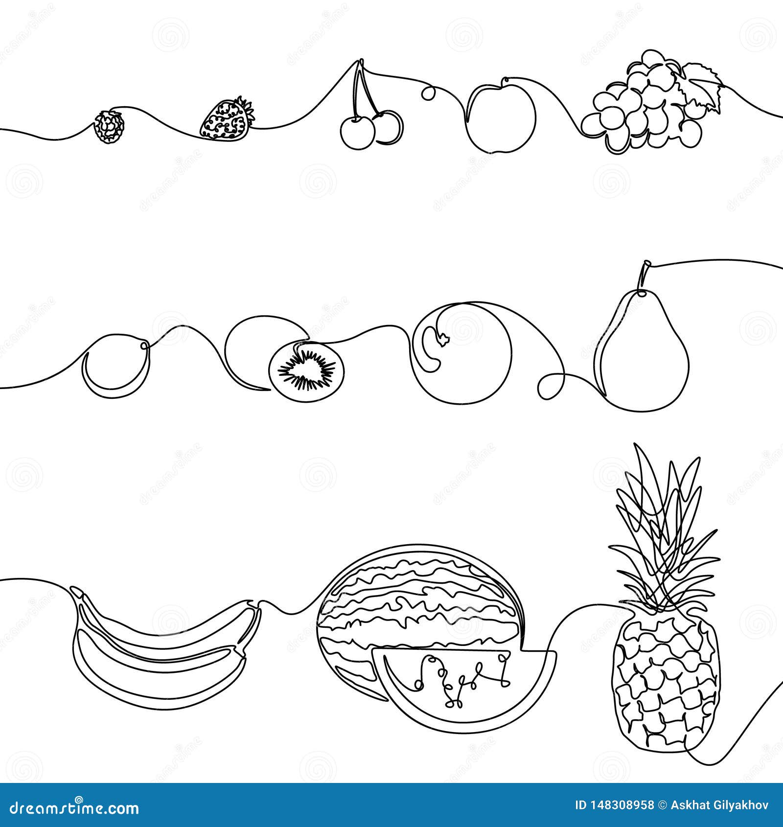 Continuous One Line Set of Fruits, Design Elements for Grocery ...