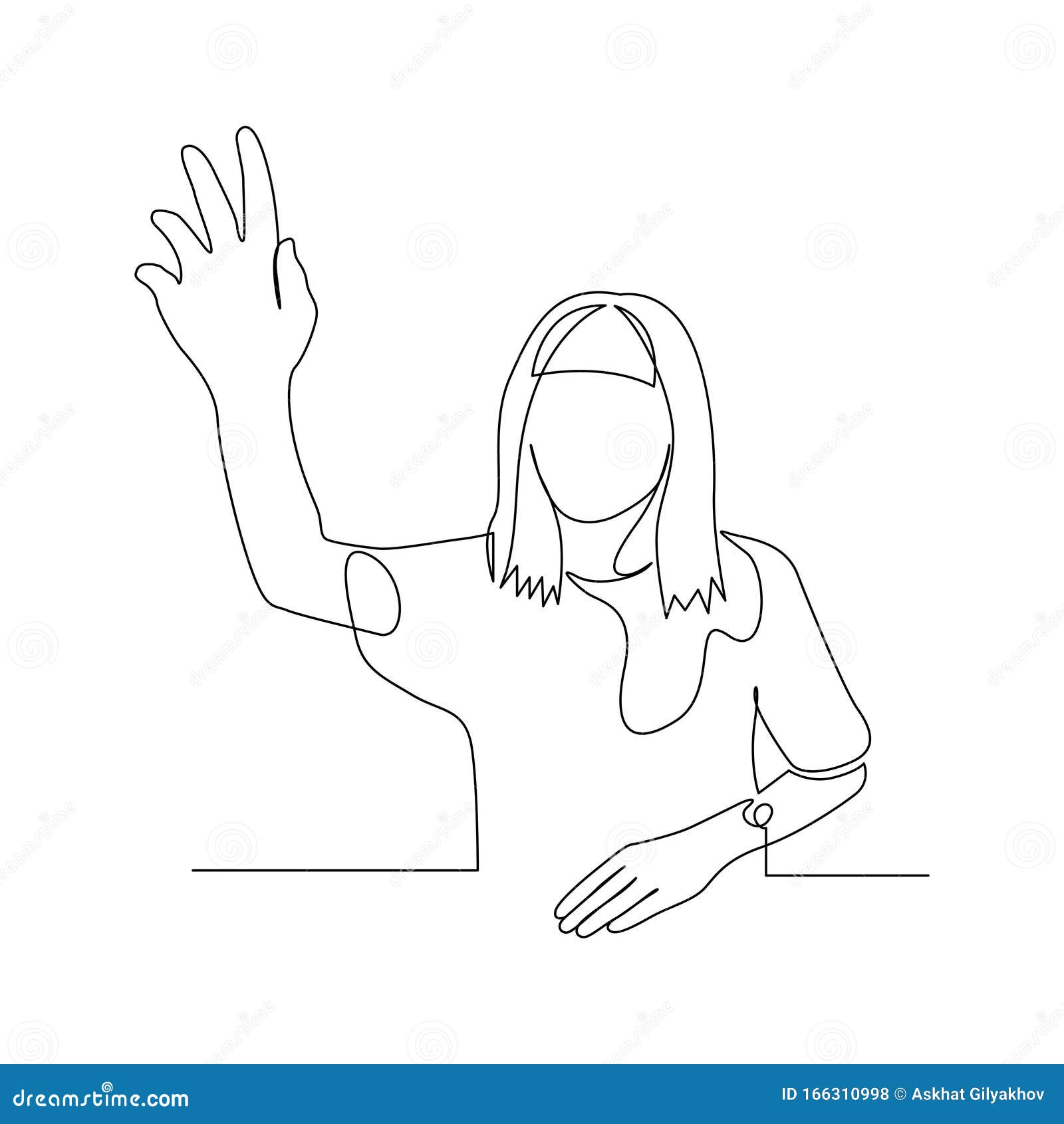Continuous One Line Woman Pull Her Hand Up, Want To Answer a Question ...