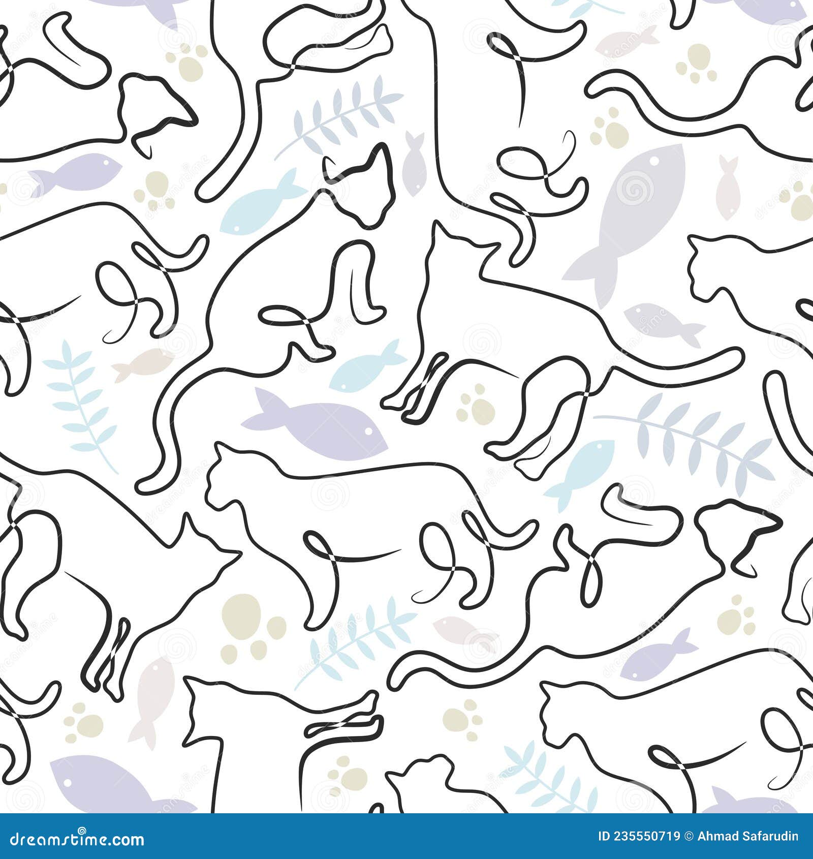 Continuous One Single Line of Abstract Cute Cat with Floral Seamless ...