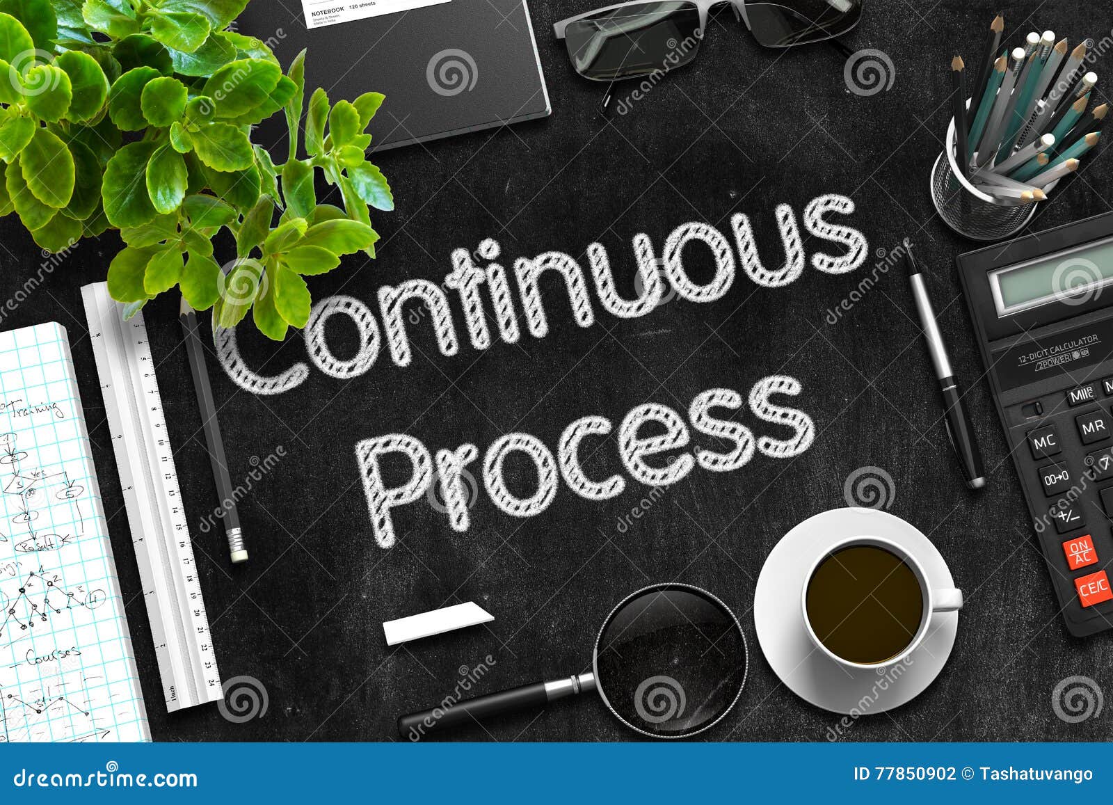 Continuous Process Text On Black Chalkboard 3d Rendering Stock