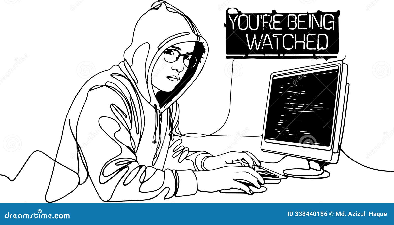 Continuous Single Line Drawing of Computer Hacker Stereotype, Line Art ...