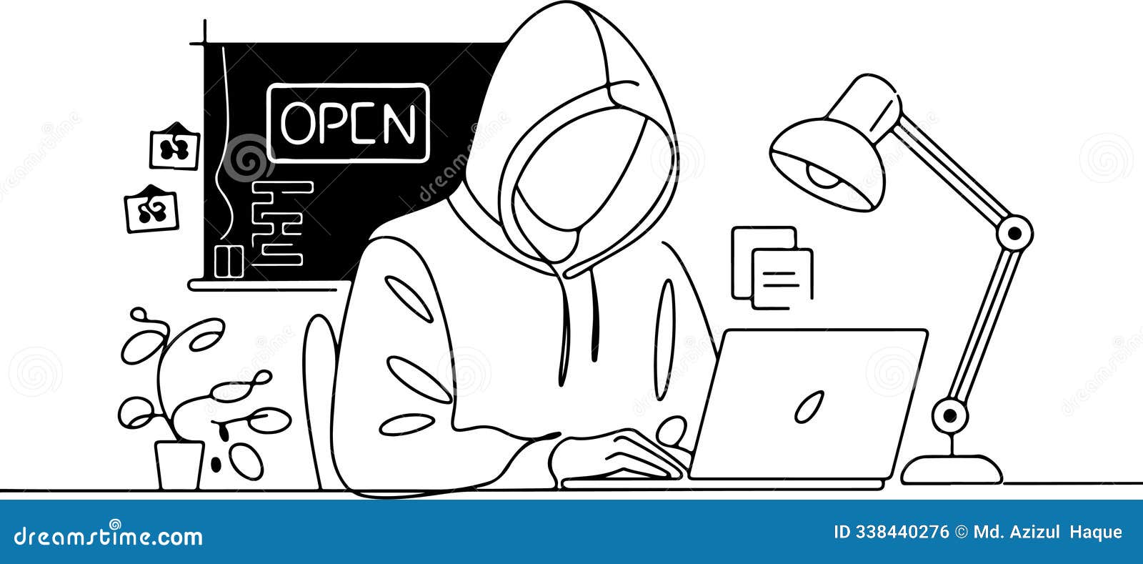 Continuous Single Line Drawing of Computer Hacker Stereotype, Line Art ...