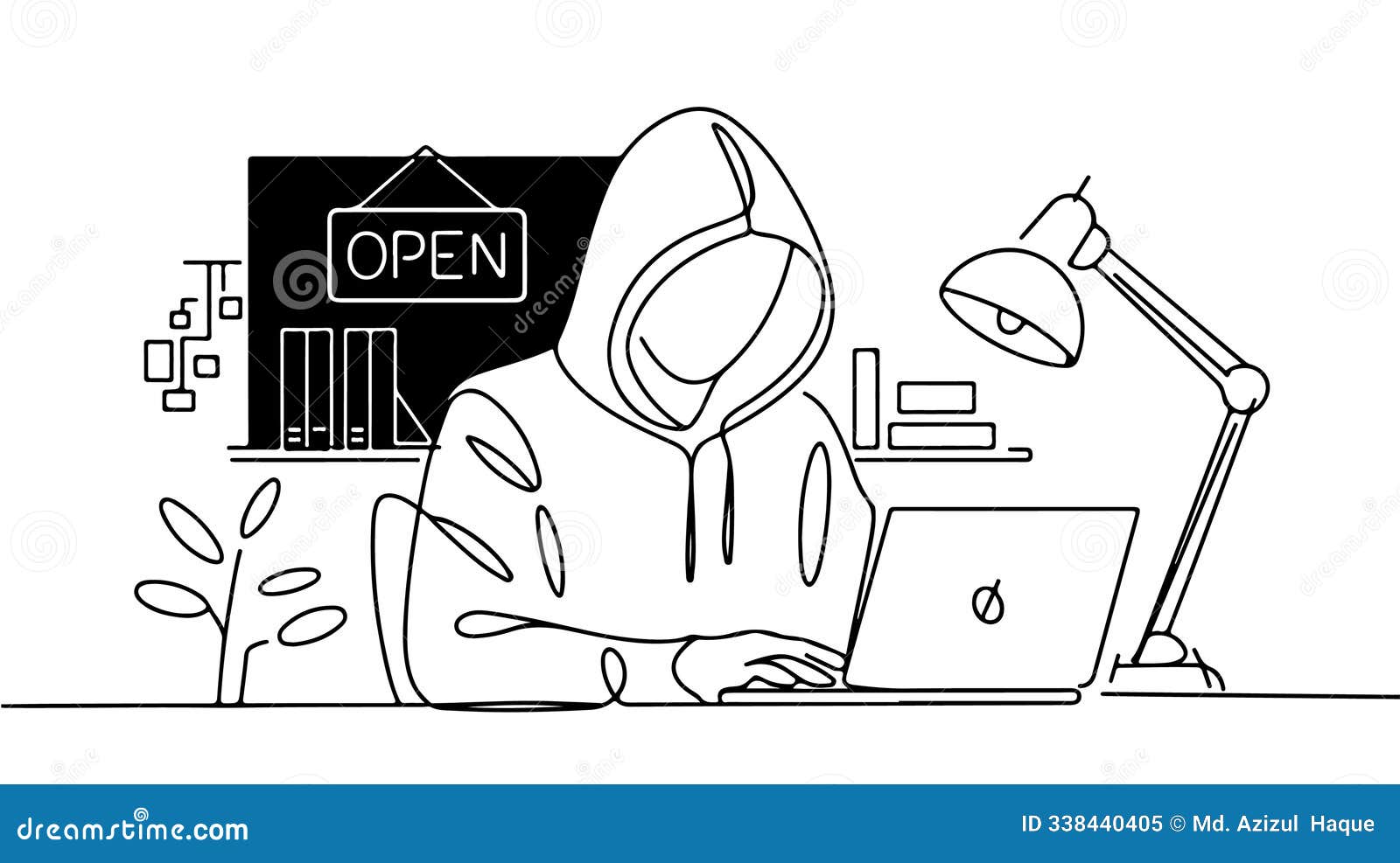 Continuous Single Line Drawing of Computer Hacker Stereotype, Line Art ...