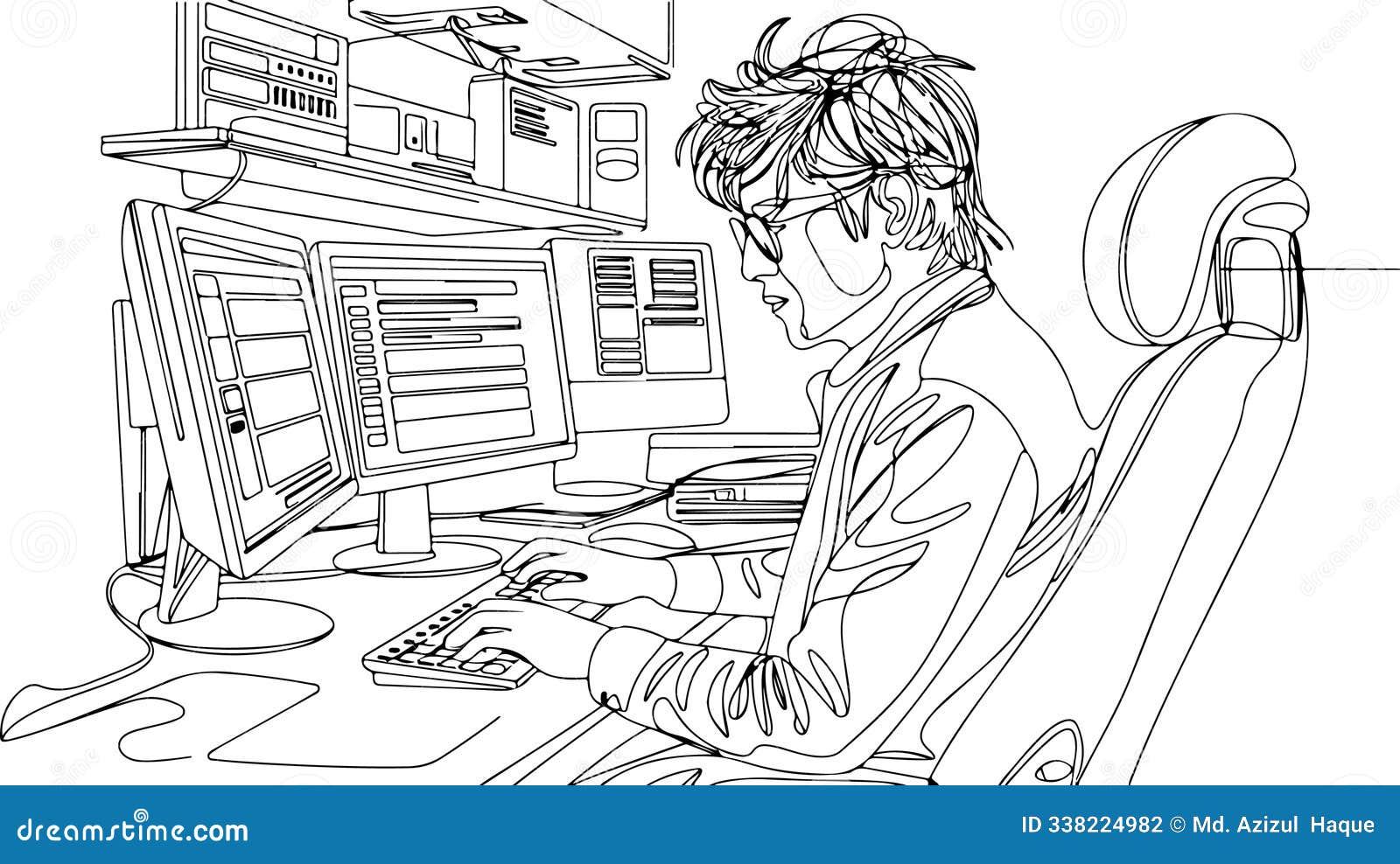 Continuous Single Line Drawing of Computer Hacker Stereotype, Line Art ...
