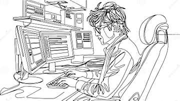 Continuous Single Line Drawing of Computer Hacker Stereotype, Line Art ...