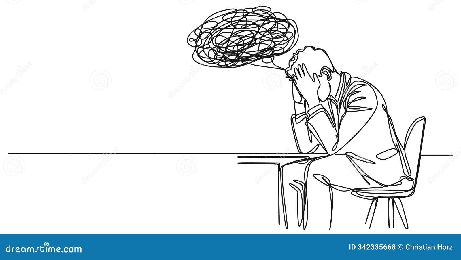 Single Line Drawing of Confused and Stressed Man Sitting at Table Stock ...