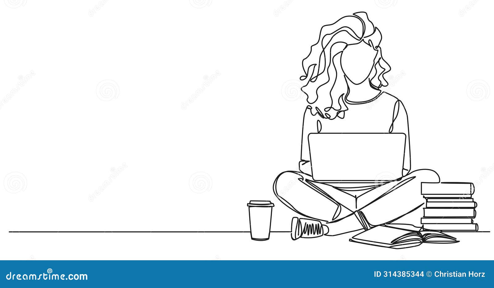 Single Line Drawing of Female College Student Using Laptop Computer on ...