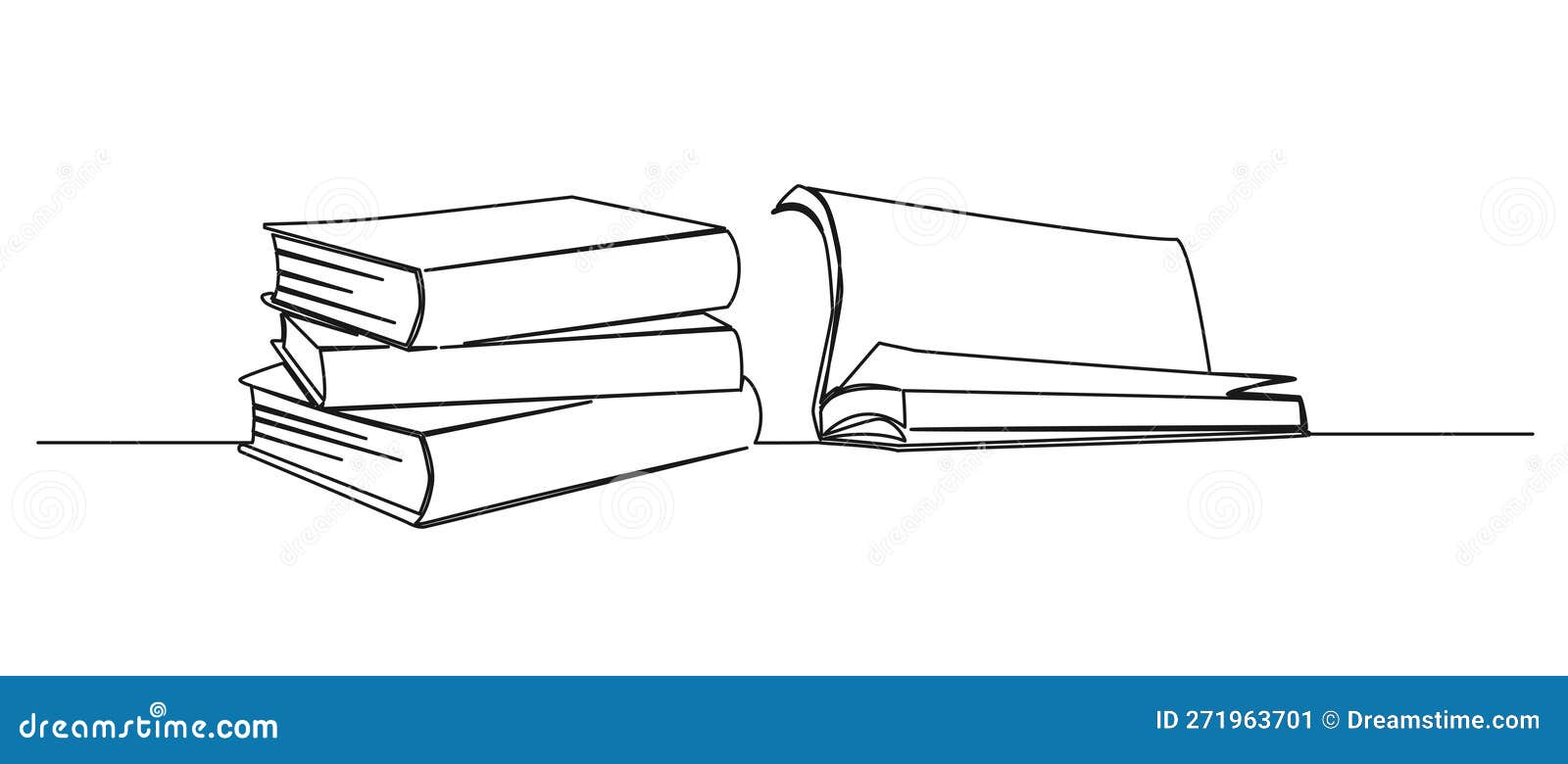 Continuous Single Line Drawing of Open Book Next To Stack of Books ...