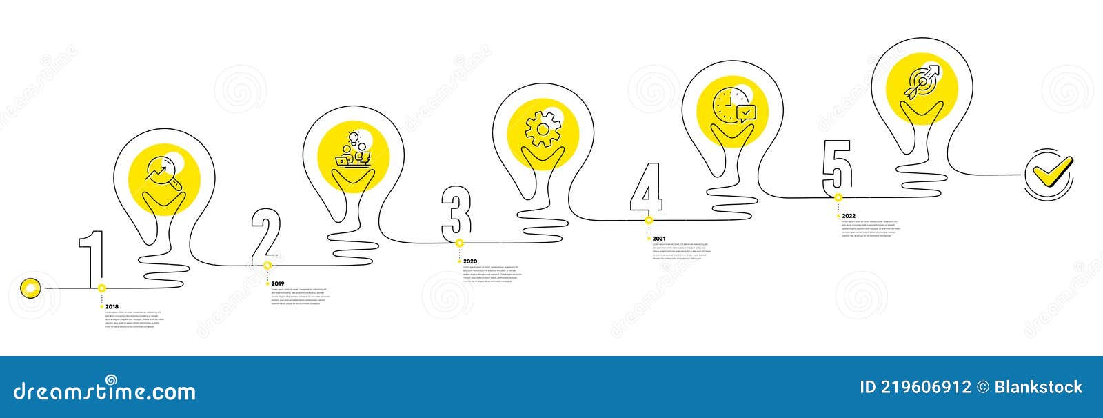 Continuous Timeline with Lamp Light Bulbs and Icons. 5 Steps Idea ...
