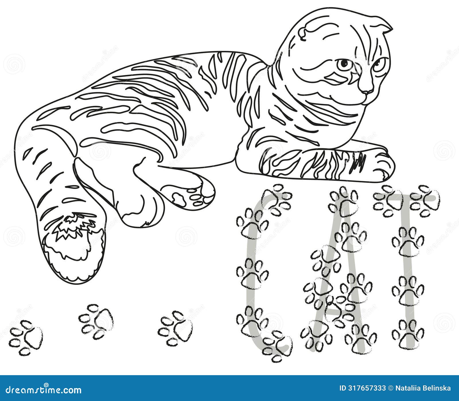 Contour Drawing of a Cat on a White Background, Footprints of a Cat ...