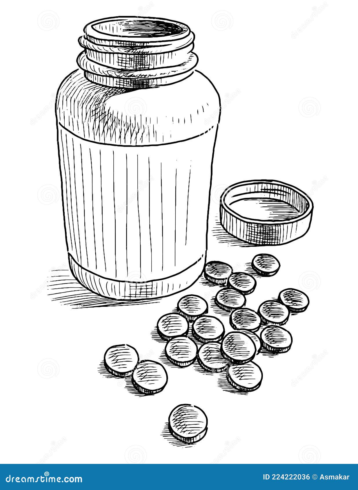 Contour Drawing of Scattered Round Pills and Open Plastic Container ...