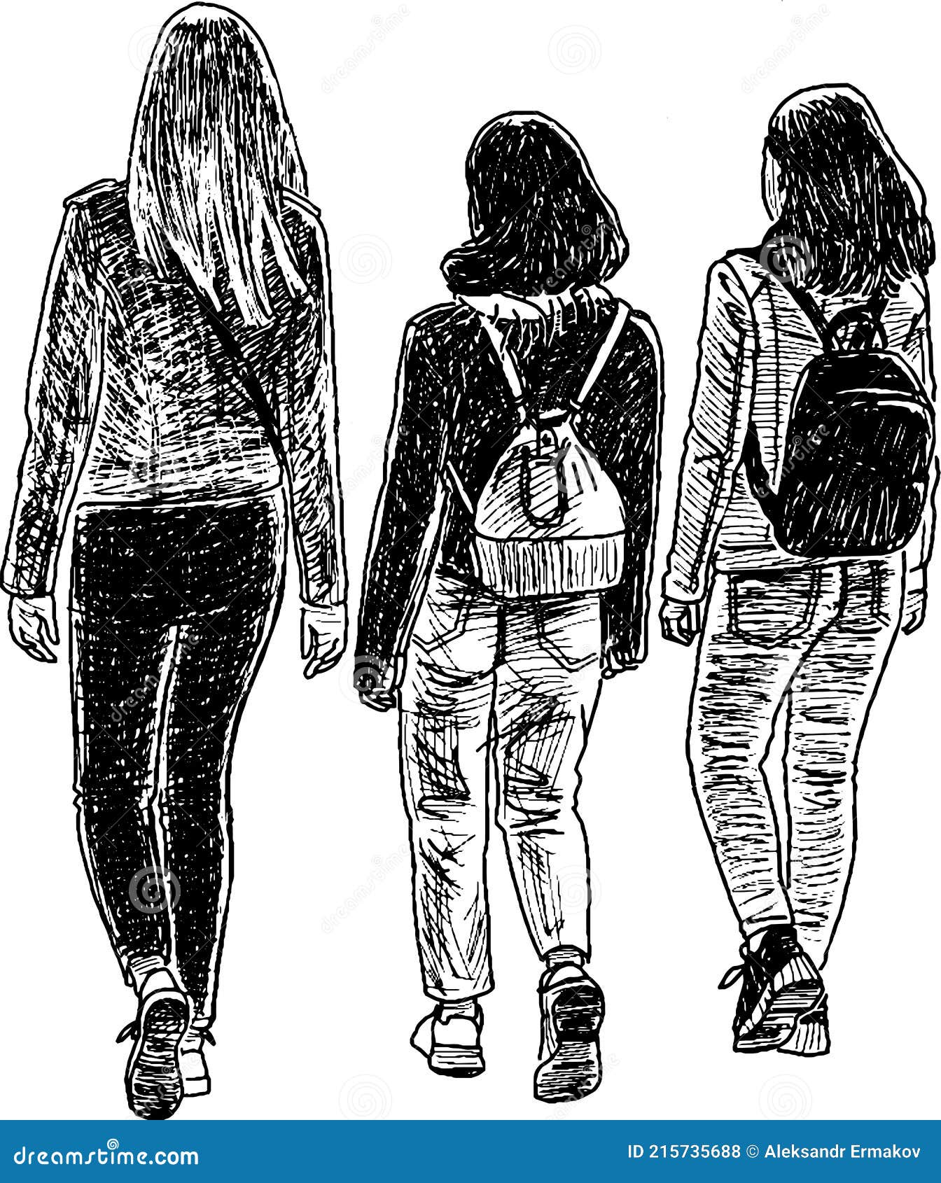 Contour Drawing of Three Student Girls Walking Outdoors Together Stock ...