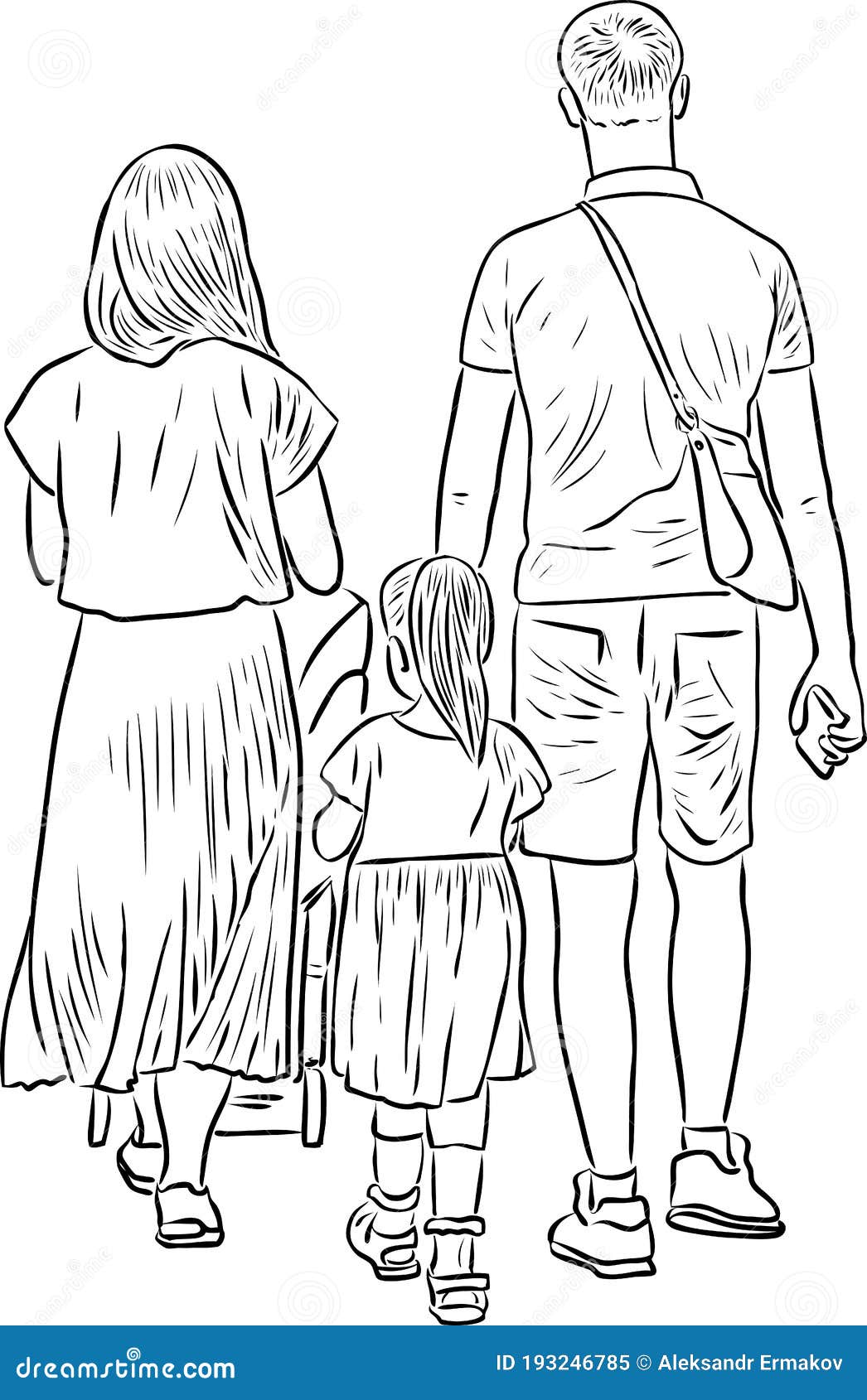 Contour Drawing of Young Family Walking on a Stroll Together Stock ...