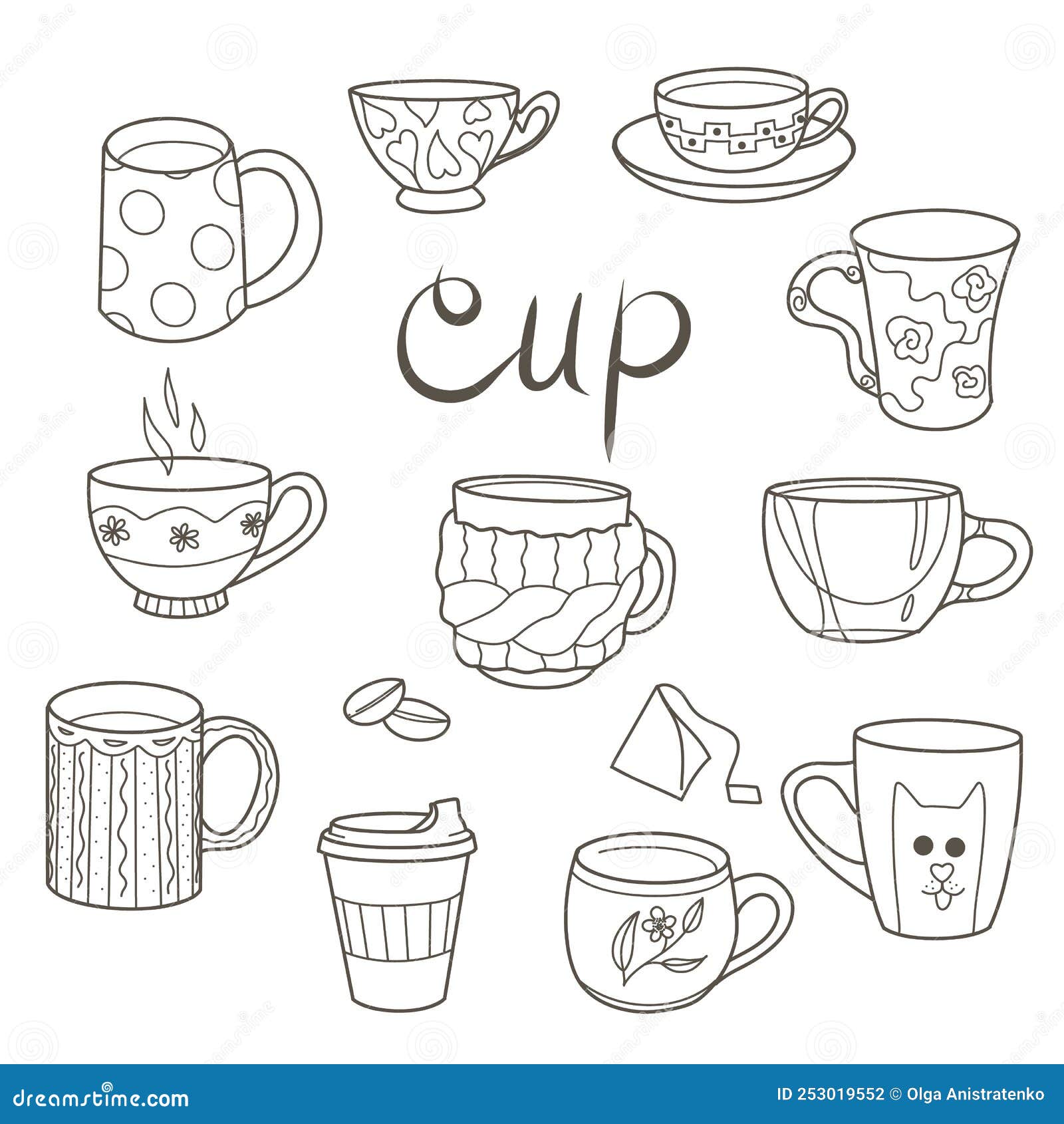 Contour Drawings, Cup Set for Tea and Coffee Stock Vector ...