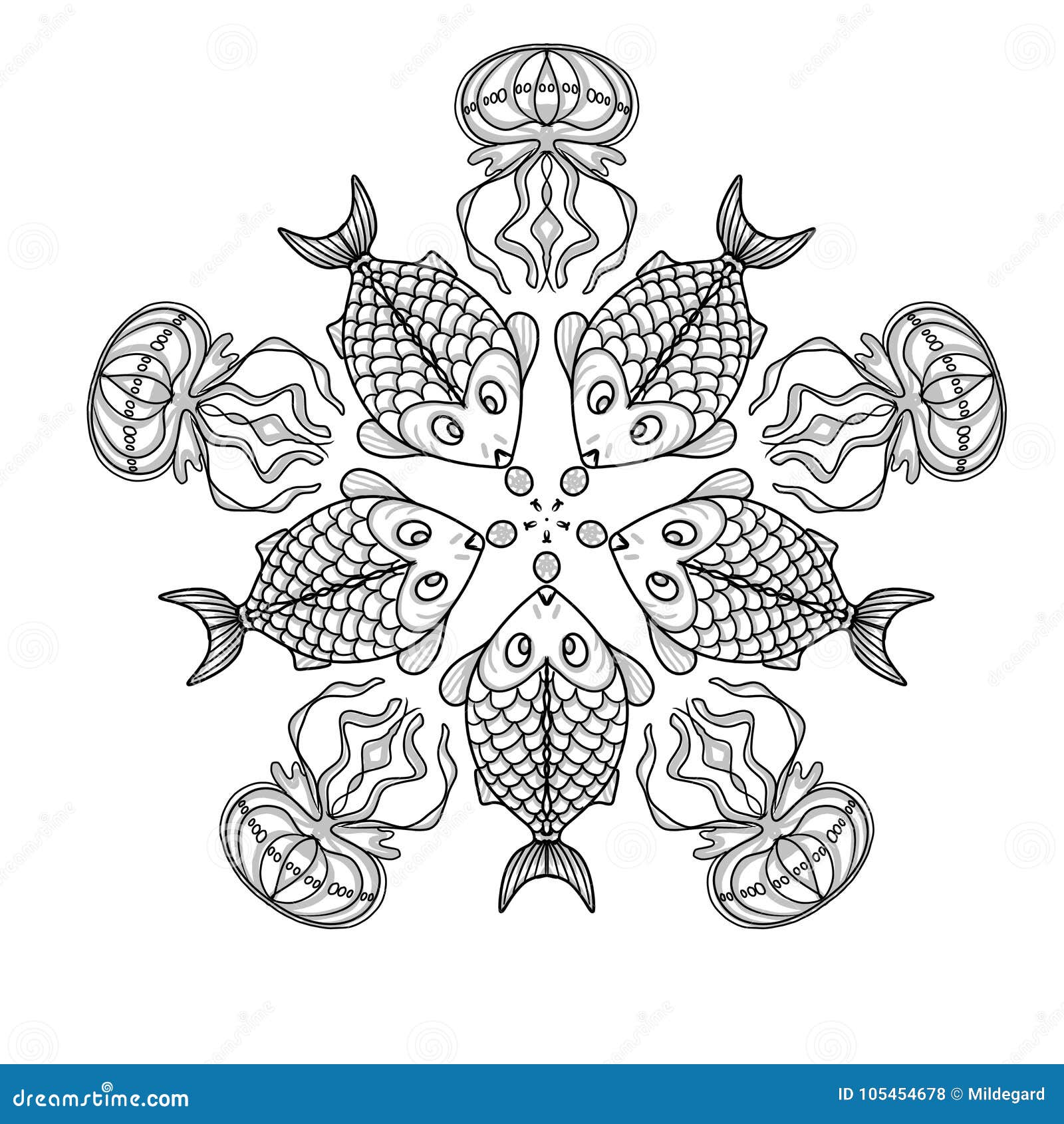 Symmetrical Pattern with Fish and Jellyfish Stock Illustration ...