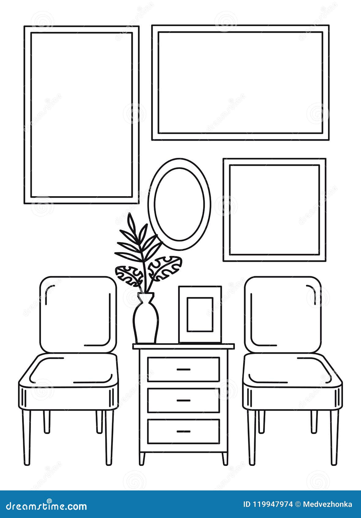 Contour Image of Furniture and Empty Frames on the Wall. Stock Vector ...