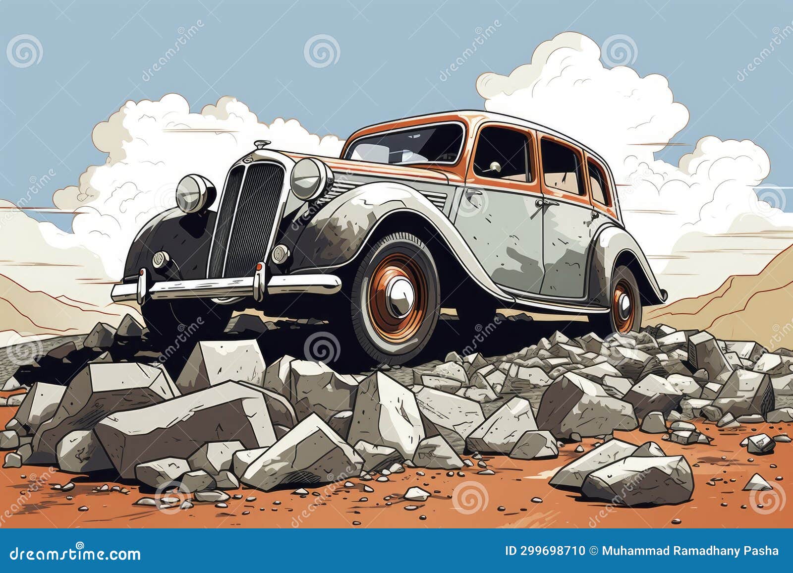 The Contour Image of a Retro Classic Car. Digital Illustration Stock ...