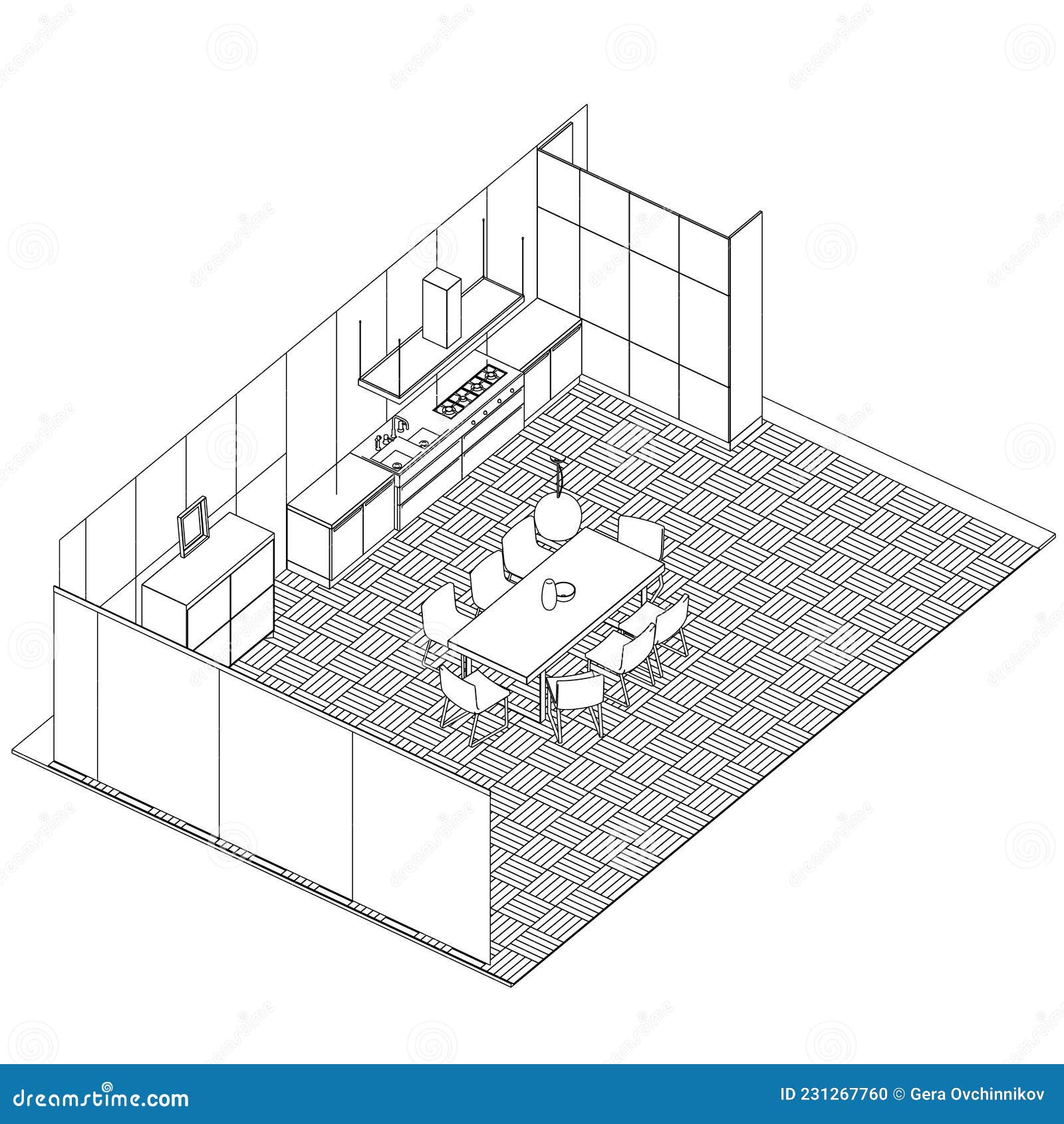 Contour of Kitchen Interior Isolated on White Background. Isometric ...