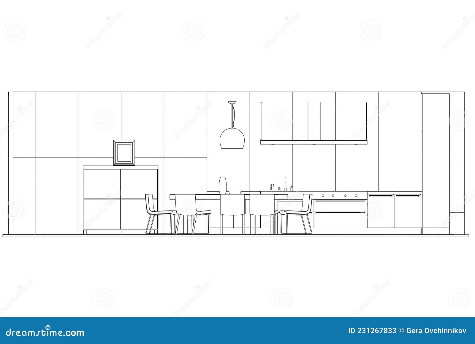 Contour of Kitchen Interior Isolated on White Background. Vector ...
