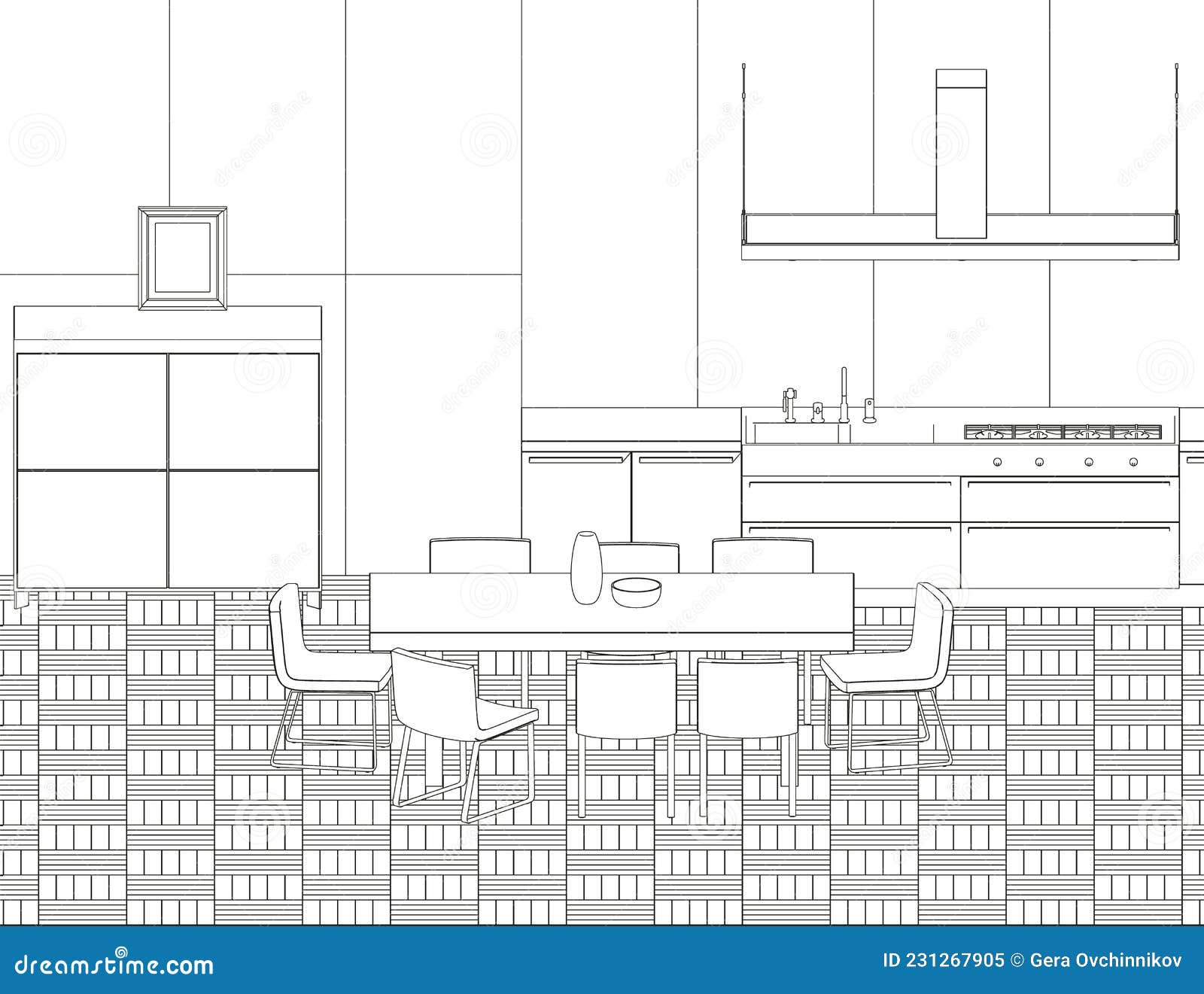 Contour of Kitchen Interior Isolated on White Background. Vector ...