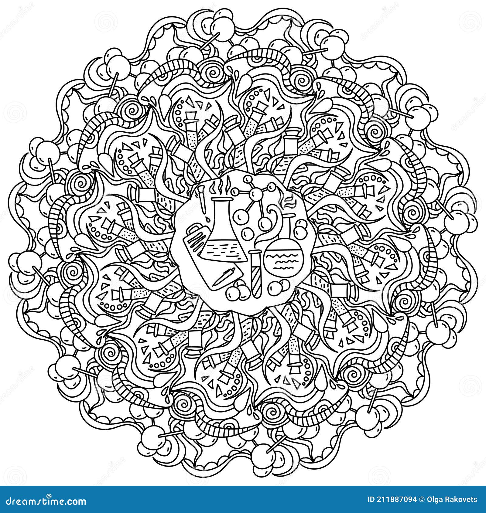 Contour Mandala on Science Theme, Coloring Page with Various Scientific ...
